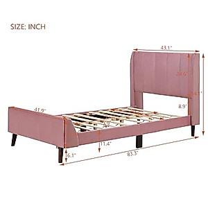 HBRR Twin Size Bed Frame Velvet Upholstered Platform Bed with Headboard and Strong Wooden Slats, Mattress Foundation, No Box Spring Needed, Easy Assembly, Pink