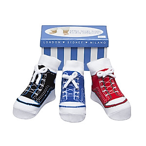 Baby Boy Socks with Sneaker Shoe Look-Non-slip Gripper Soles-3 or 6 Pairs-Cotton-Gift Packaged-Baby Shower-Faux Shoelaces