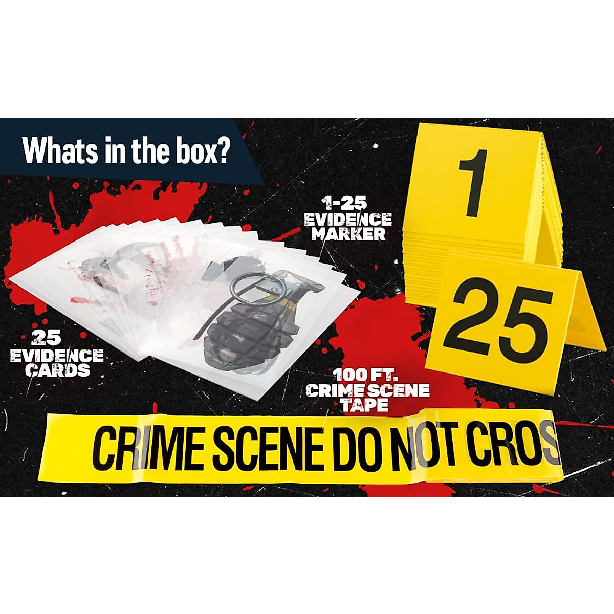 Crime Scene Decorations Kit, Crime Mystery Dinner Party Game Supplies, Includes Crime Scene Tape, 25 Yellow Evidence Markers, 25 Crime Object Cards