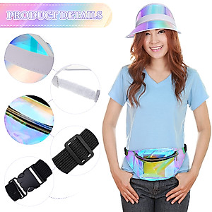10 Pack Sun Visor Hats Women Colored Beach Golf Cap and Holographic Zipper Fanny Packs PVC Clear Waist Bag for Outdoor Sports Festivals Party Concerts