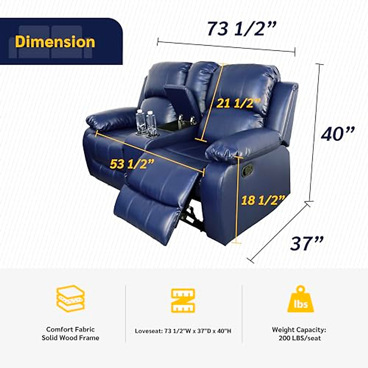 Beverly Fine Furniture Kingman Faux Leather Manual Recliner Sofa, Navy