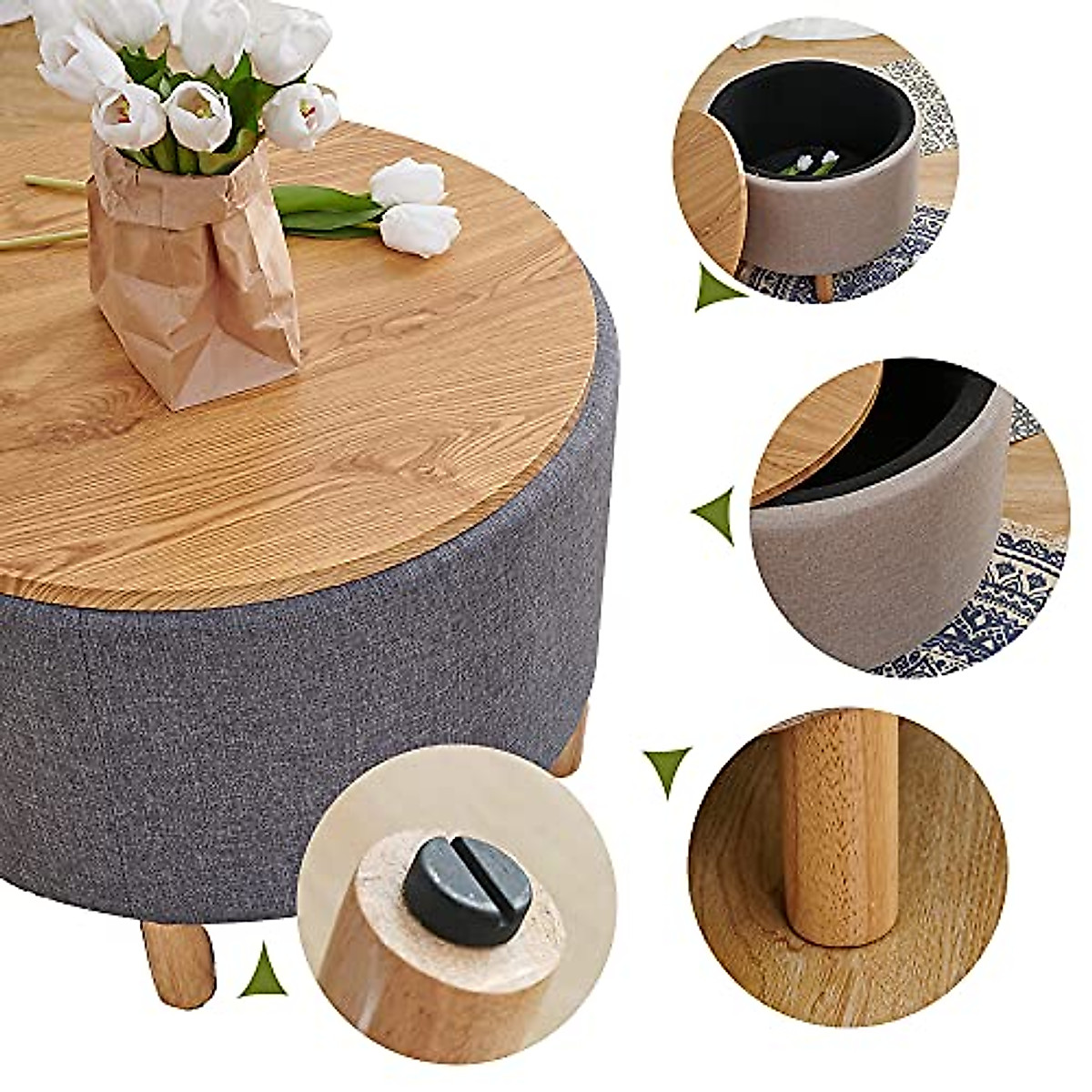 FUENTE LUZ Round Coffee Table with Storage for Bedroom Living Room Round Ottoman as a Foot Rest Multi-Function High-Capacity Cotton and Linen Fabric Natural Color Desktop Natural Color Feet (Grey)