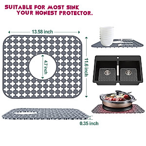 Kitchen Sink Silicone Protector Mat: 2 PCS Sink Mats for Center Drain, Folding Non-slip Support Grid Sink Mat for Bottom of Stainless Steel Porcelain Sink Protectors Mat 13.8'' x 11.8''