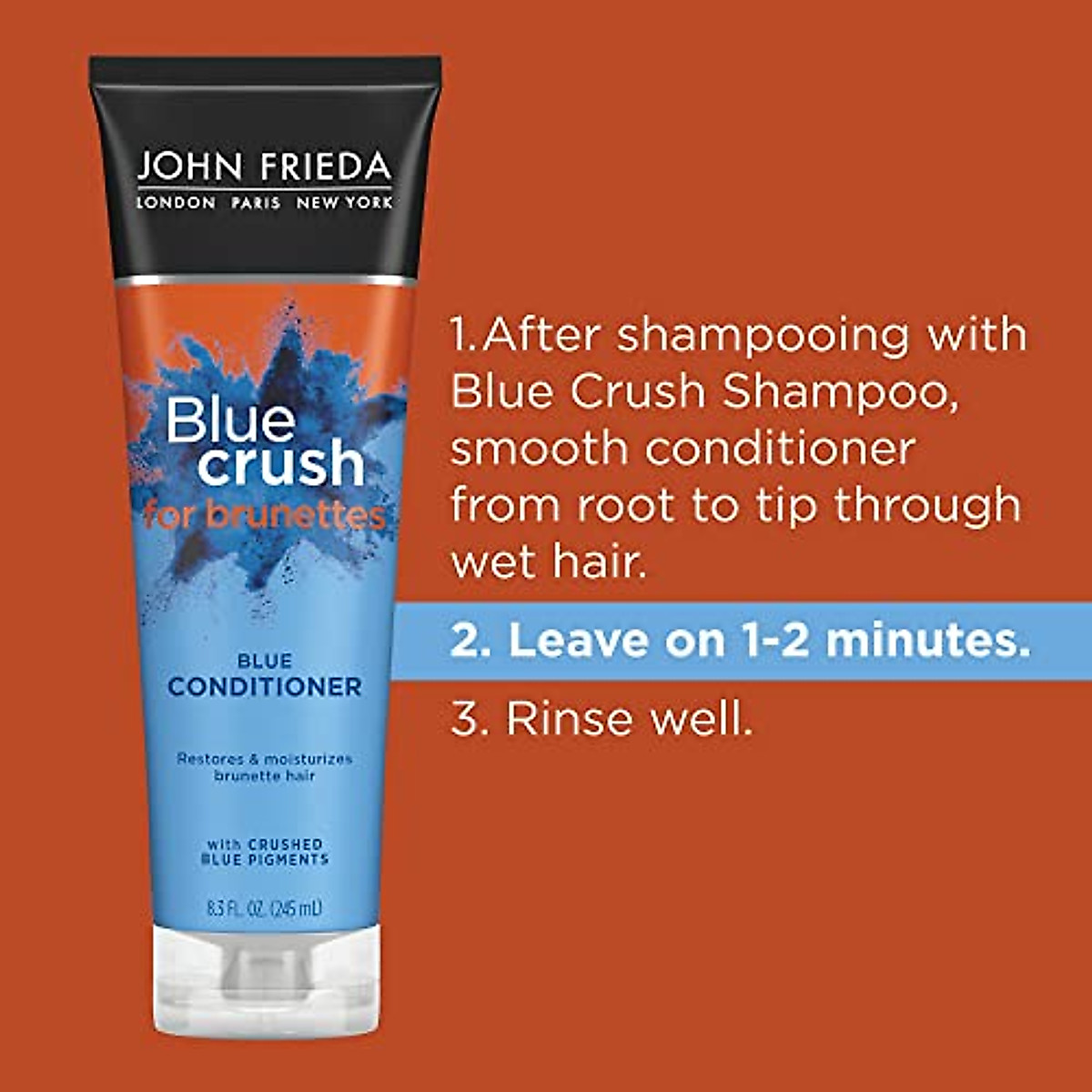 John Frieda Blue Crush Blue Shampoo and Conditioner Set for Brunettes, Crush Brassy Tones for Brunettes, 8.3 Fl Oz