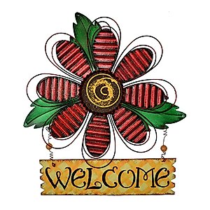 Hanging Welcome Sign Metal Flower Signs Wreath Decor Decorative Door Hanger Indoor Outdoor Spring Decoration for Porch Wall Front Door (Red)