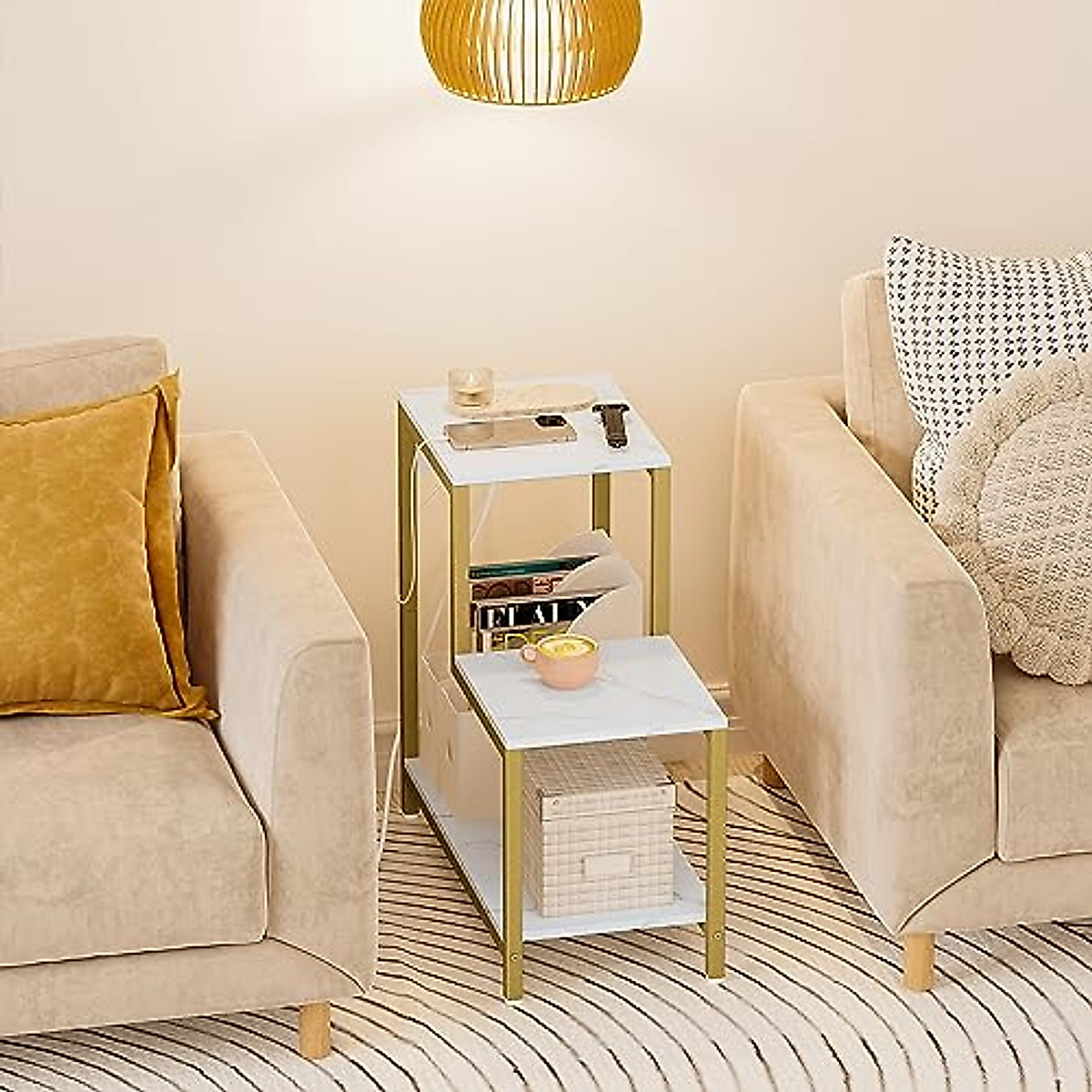 Snughome End Table with Charging Station, Narrow Side Table, 3 Tier Modern Nightstand with USB Ports and Outlet, Sofa Beside Table for Living Room, Bedroom，White and Gold