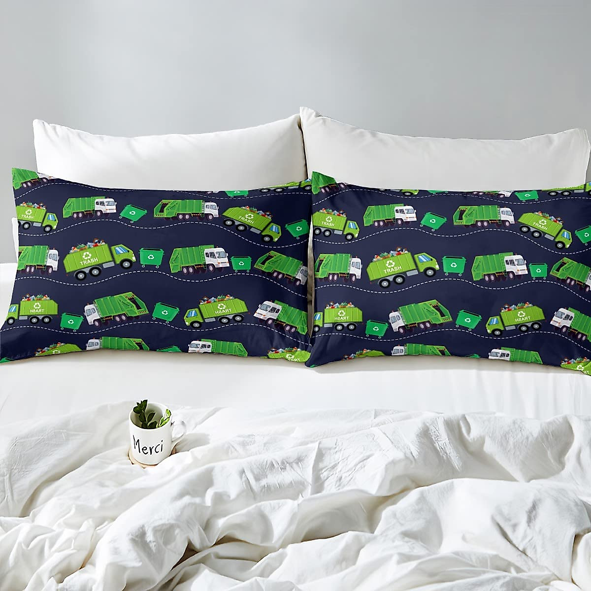 Garbage Trucks Fitted Sheet Twin Size Kids Cartoon Car Bedding Set for Boys Teens Rubbish Car Bed Sheet Set Breathable Vehicles Blue Green Bed Cover Room Decor