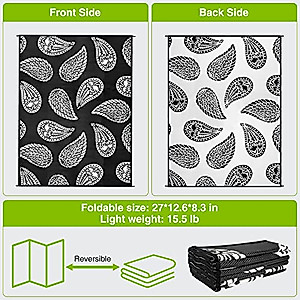 ONME Outdoor Rug RV Mat Recycled 9x12FT Reversible Mats with 8 Corner Loops for Outdoors, Patio, Backyard, Deck, Picnic, Beach, 8 Stakes and Carry Bag Included (Black and White Paisley)