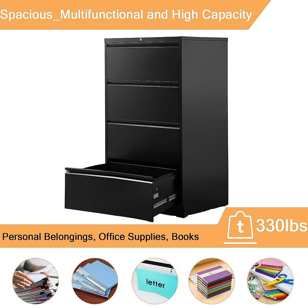 UINSOO 4 Drawer lateral File Cabinet with Lock for Legal/Letter A4 Size,Locking Steel File Cabinet,52" Metal File Cabinet,Easy to Assemble for Home and Office use (Black)…
