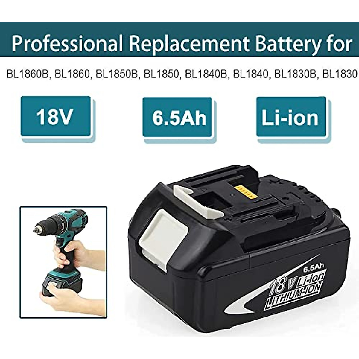 BATTOOL 2 Pack 6500mAh BL1860 Replacement Lithium-ion Battery Compatible with Makita 18v Battery BL1850 BL1845 BL1840 BL1830 BL1820 BL1815 LXT400 194204-1 Cordless Power Tools