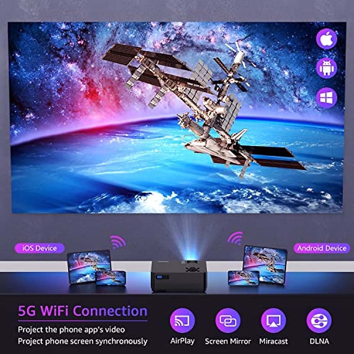 Native 1080P 5G WiFi Bluetooth Projector, AILESSOM 750ANSI 450" Display Support 4K Movie Projector, High Brightness for Home Theater and Business, Compatible with iOS/Android/TV Stick/PS4/HDMI/USB/PPT