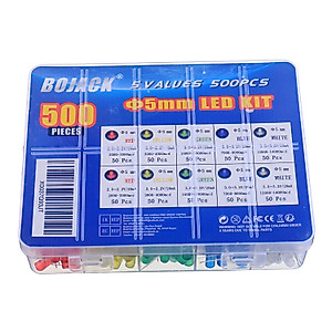 BOJACK 5 Colors 500 pcs 5mm LED Diode Lights Assored Kit Pack Bright Lighting Bulb Lamps Electronics Components 5 mm Light Emitting Diodes Parts