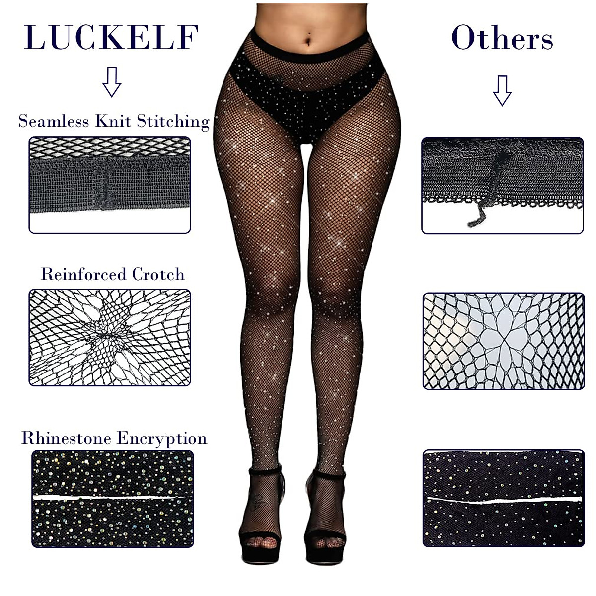 LUCKELF Sexy High Waist Tights Sparkle Rhinestone Fishnets Party Rhinestone Mesh Stockings (Free Size, Black/Rhinestone)