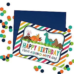 Have a DINO-MITE Day Dinosaur Themed Birthday Pun Themed Single (1) All Occasion Blank Birthday Card To Send To Friends & Family, 4"x 6" (when folded) Fill In Greeting Note Card by AmandaCreation