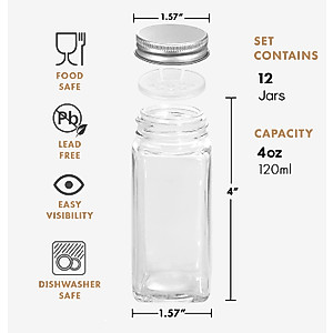 ROYALHOUSE 12 Pcs Glass Spice Jars/Bottles - 4oz Empty Square Spice Containers with Spice Labels and Airtight Metal Caps with Shaker Lids