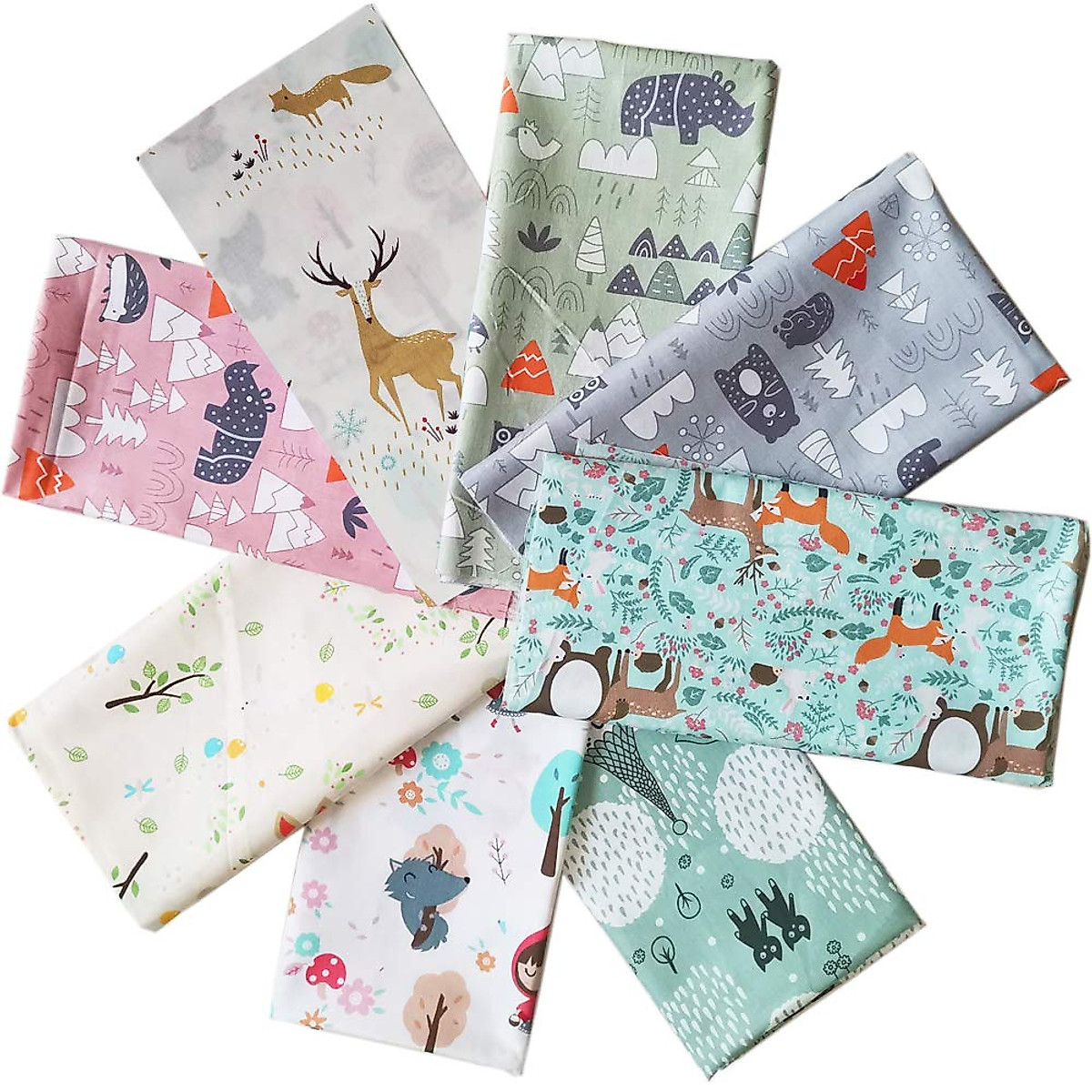 ZGXY Fabric, 8 pcs/lot Fat Quarter Fabric Bundles 100% Cotton 19.69'' x 19.69'' (50 x 50cm) Quilting Cotton Craft Fabric Pre-Cut Squares Sheets for Patchwork Sewing Quilting Crafting, Forest Pattern.