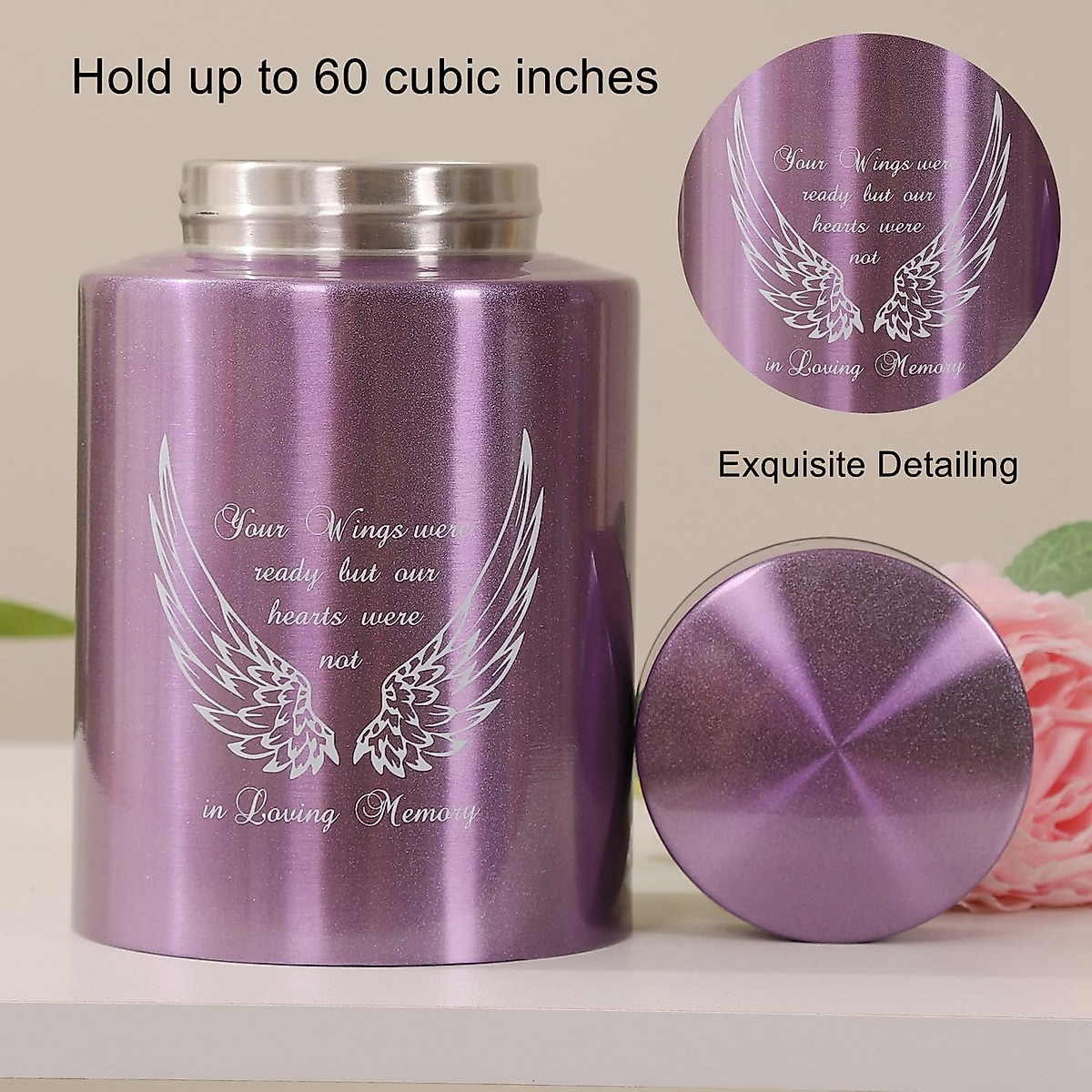Medium Urns for Human Ashes Up to 60 Cubic Inches Medium Sized Urns for Ashes Adult Male Female Keepsake Cremation Urns for Ashes Stainless Steel (Angel Wings, Purple)