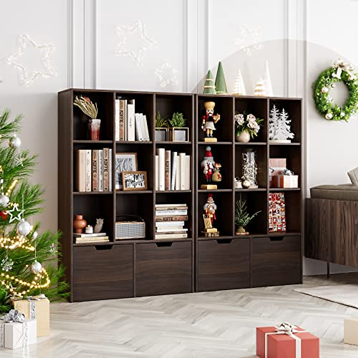 Senfot Bookcase 9 Cube, Modern Bookshelf Storage Cabinet with 2 Large Drawers, Free Standing Storage Organizer Book Shelves for Living Room, Office, Study, Brown