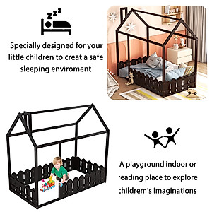 Harper & Bright Designs Twin House Bed Frame for Kids, Montessori Floor Bed Twin with Fence-Shaped Rails, Wood Toddler Twin Floor Bed Frames for Girls, Boys(Twin, Espresso)