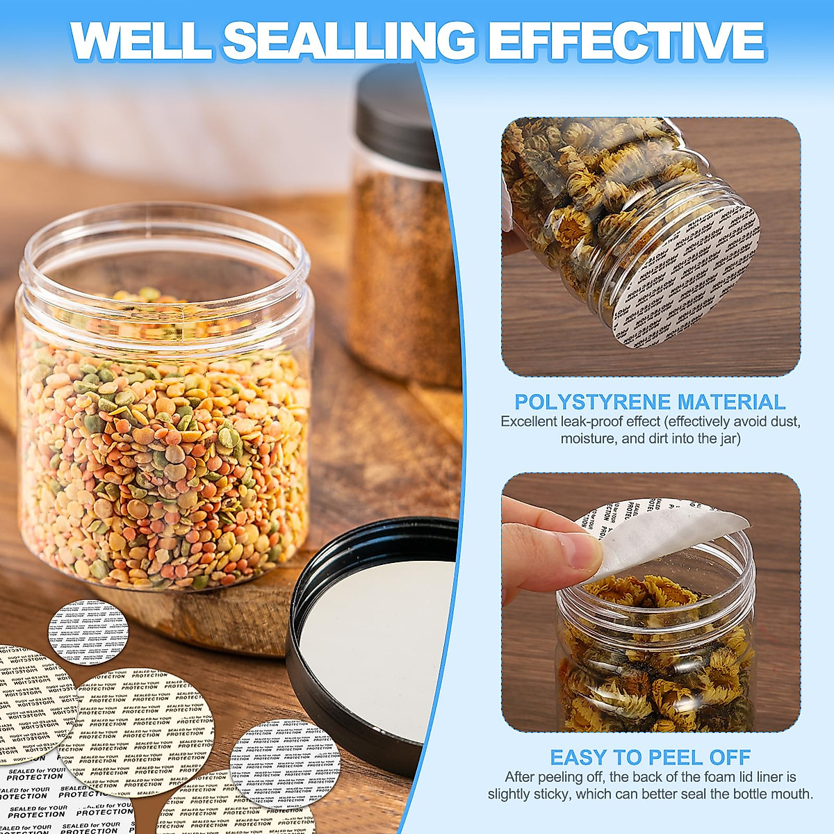 PATIKIL 38mm/1.5" Foam Lid Liner, 300Pack Adhesive PS Pressure Sensitive Seal Cap Liners Resistant Tamper for Plastic Glass Jar Bottle Cap Seals