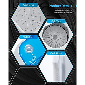 TABU 16.5Ibs Portable Washing Machine, Compact Washer Machine, Mini Washing Machine, Twin Tub Washer and Spiner, Ideal for Dorms, Apartments, RVs, Camping etc (White & Blue)