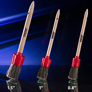 VIKING 3pk Multi-Purpose Car Detailing Brushes, 3 Head Sizes with Natural Boars Hair and Synthetic Fibers for Exterior and Interior Detailing, Red
