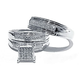 Triostar Engagement Wedding Ring Set for Women 925 Sterling Silver Wedding Trio Bridal Ring Set for Him & Her Women's Size 12 & Men's Size 9
