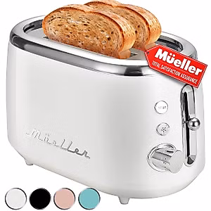 Mueller Retro Toaster 2 Slice with 7 Browning Levels and 3 Functions: Reheat, Defrost & Cancel, Stainless Steel Features, Removable Crumb Tray, Under Base Cord Storage, White