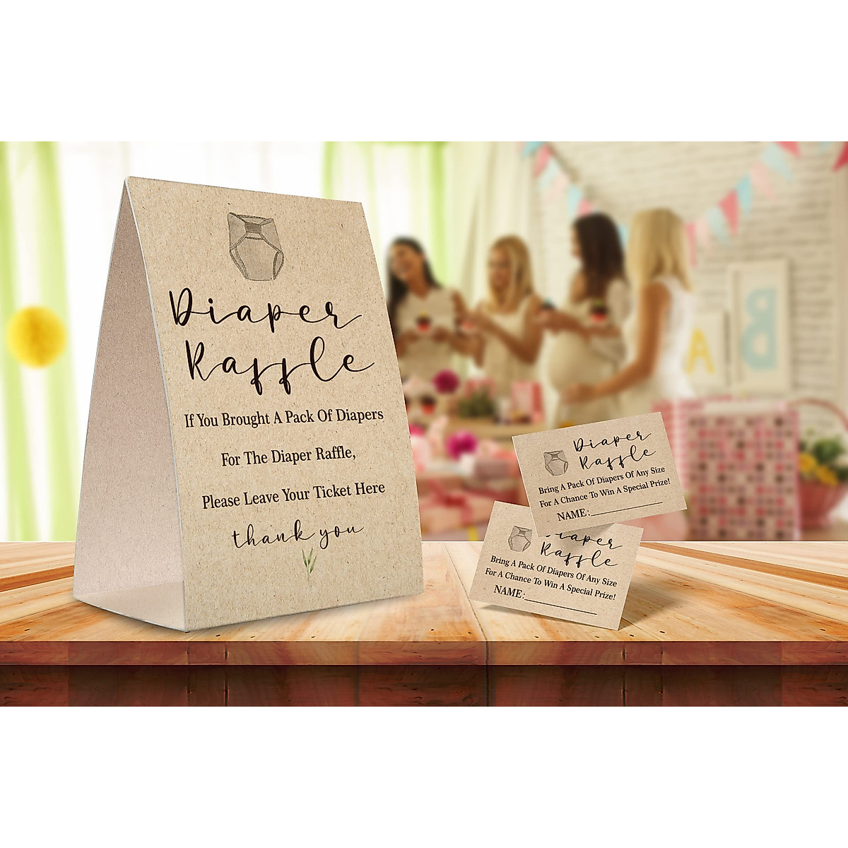 Tesedupoole Kraft Paper Diaper Raffle Sign,Diaper Raffle Baby Shower Game Kit (1 Standing Sign + 50 Guessing Cards),Baby Showers Decorations,Card for Baby Shower Game to Bring a Pack of Diapers-NPZ03