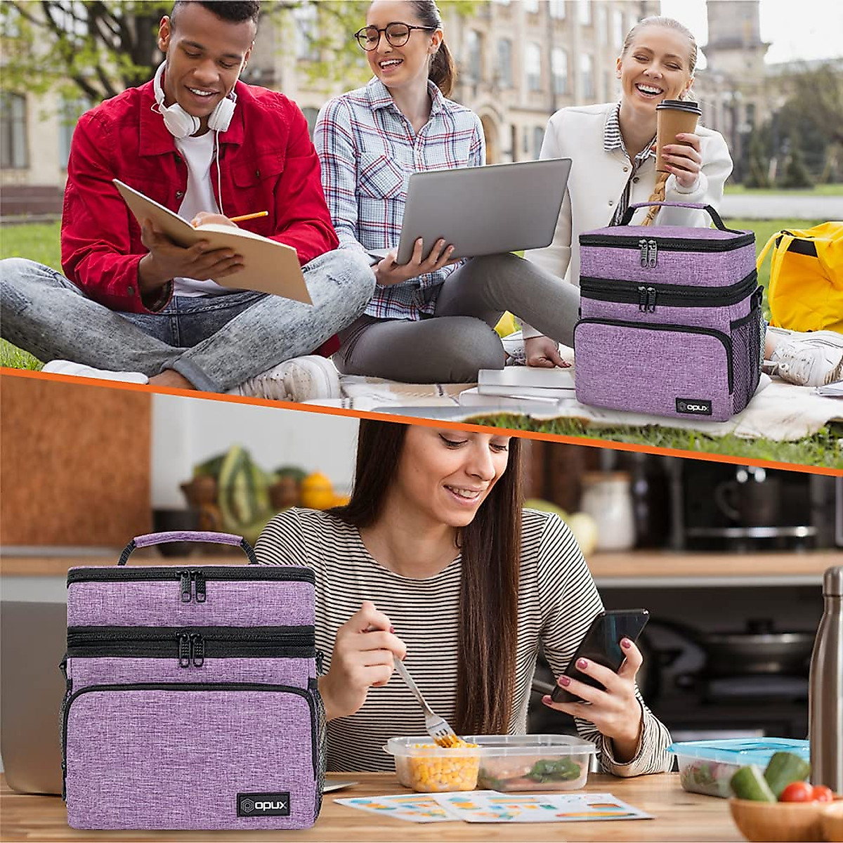 opux Insulated Lunch Bag for Men Women, Large Dual Compartment Cooler Bag, Soft Two Deck Lunch Box for Work School Picnic, Leakproof Lunch Tote with Shoulder Strap for Kid Adult (Purple, Double Deck)