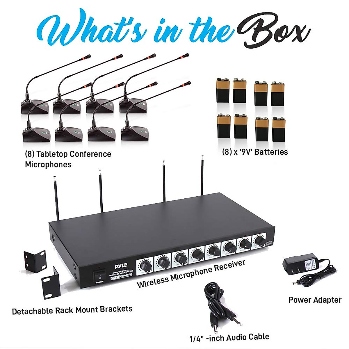 Pyle 8 Channel Wireless Microphone System - Portable VHF Cordless Audio Mic Set with 1/4" and XLR Output, Dual Antenna, - Includes 8 Table Top Mics, Rack Mountable Receiver Base - Pyle PDWM8300,Black