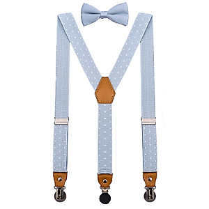 CEAJOO Little Boys' Suspenders and Bow Tie Set Adjustable with Round Metal Clips 30" Blue White Polka Dot