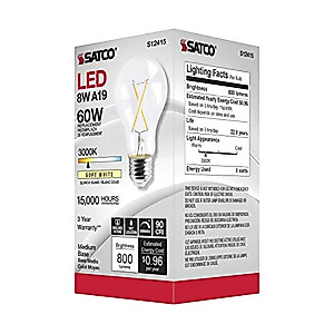 Satco Dimmable Led Filament Lamps, S12415, High Lumens, 8 Watt, A19; Clear; Medium Base; 3000K; 90 CRI; 120 Volt for use at Residential, Hospitality, Display and Commercial (6 LED Light Bulbs)