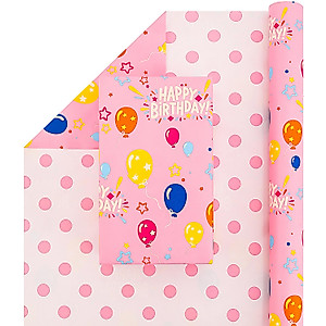 AUCLAY Reversible Birthday Wrapping Paper for Girls Kids Baby Shower - Cute Happy Birthday Lettering Balloon in Pink and Polka Dots Design - Gift Wrap Paper Roll, 17.7 Inch Wide