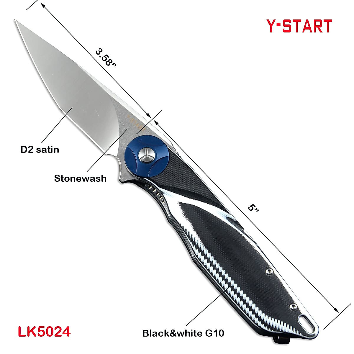 Y-START Flipper Front Open Pocket Knives D2 Satin Blade G10 Handle LK5024 (BLACK&WHITE)