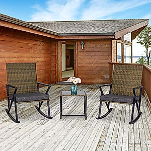 3-Piece Rattan Rocker Chair Outdoor Garden Bistro Set Rocking Chair Wicker Lounge with Cushion and Coffee Table (Dark Grey)