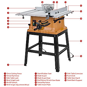 Table Saw, MERXENG 10 Inch 15A Multifunctional Saw With Stand & Push Stick, 90° Cross Cut & 0-45° Bevel Cut, 5000RPM, Adjustable Blade Height for Woodworking, Orange