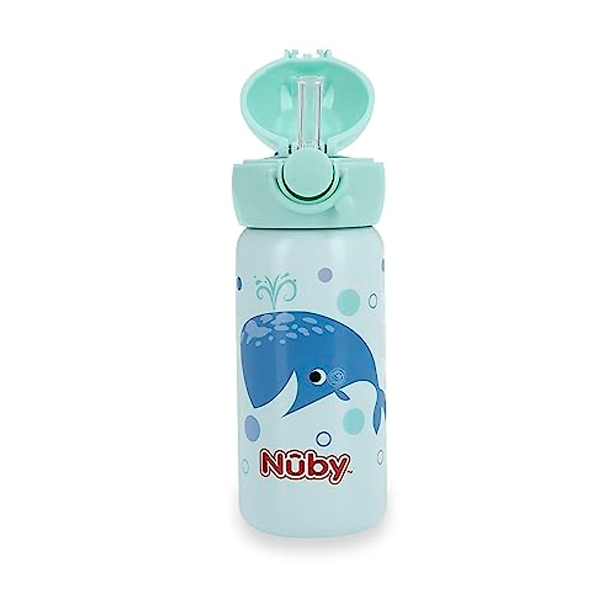 Nuby Thirsty Kids No Spill Flip-It Active Stainless Steel Travel Cup or Water Bottle - 14 Oz - 18+ Months - Mint Whale