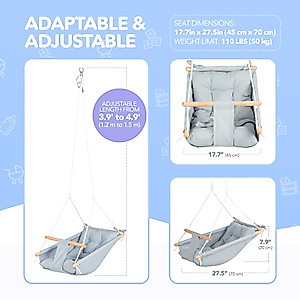 CaTeam - Canvas Kids Swing with Stand, Wooden Hanging Swing Seat Chair with Safety Belt, Durable Toddler Swing Chair, Outdoor and Indoor Swing for Kids, Blue Gray