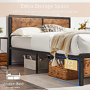 VECELO Queen Platform Bed Frame/Mattress Foundation with Rustic Vintage Wood Headboard, Strong Metal Slats Support, No Box Spring Needed
