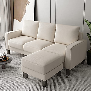 Myshle Sectional Sofa Reversible Chaise, 4-Seat Modular Set with Convertible Ottoman, L-Shape Linen Fabric Corner Futon Couches for Living Room Apartment Small Space Beige