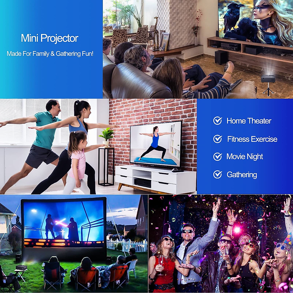 Mini Projector, 1080P Full HD 160” Screen Supported Video Projector, 9000Lux Home Theater Movie Projector Compatible w/Android/iPhone TV Stick HDMI VGA USB AV TF PC Laptop