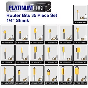PLATINUMEDGE Router Bits Set, Tungsten Carbide Router Bits Set 1/4 Shank, Router Bit Kit for DIY, Woodworking Project, 35 Piece Set with Premium Aluminum Carry Storage Case