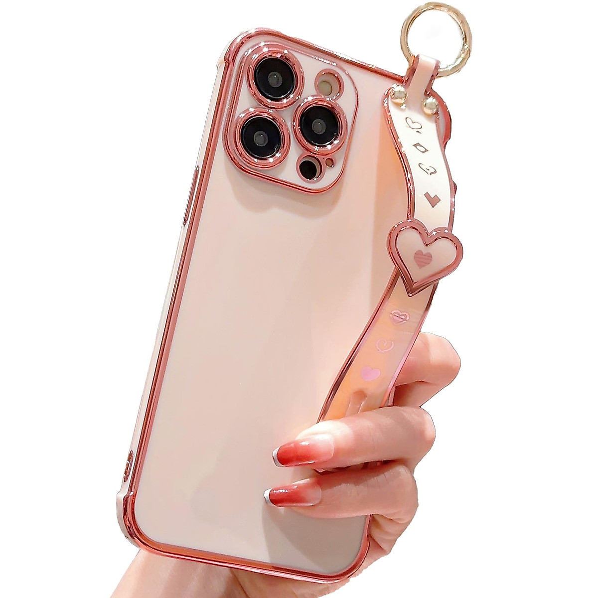 IDweel for iPhone 13 Pro Max Case with Adjustable Wristband Strap Kickstand Loop Heart Luxury Plating,Raised Corners Bumper Shockproof Slim Fit Durable Cover for Women Girls,Rose Gold