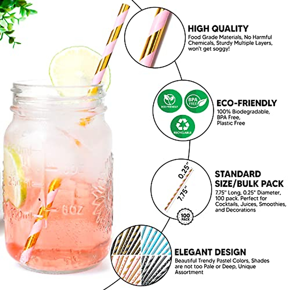 KEDON Pink Gold Paper Straws 100, Disposable Cake Pop Sticks Metallic Gold Striped Star Decorative Pink Straws for Drinking Cocktail Bachelorette Wedding Crafts Baby Bridal Shower Gender Reveal