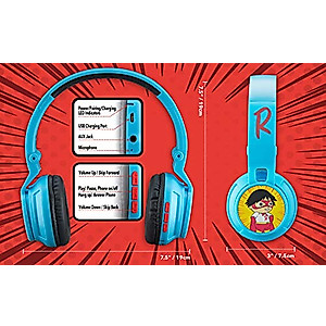 eKids Ryans World Kids Bluetooth Headphones, Wireless Headphones with Microphone Includes Aux Cord, Volume Reduced Kids Foldable Headphones for School, Home, or Travel