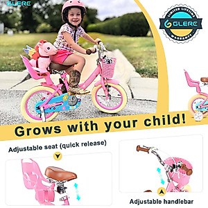 Glerc Maggie 14 Inch Girls Bike Ages 2 3 4 5 6 7 Years Old Kids Bicycle Princess Style with Doll-Seat & Basket & Training Wheels & Bell for Birthday, Pink