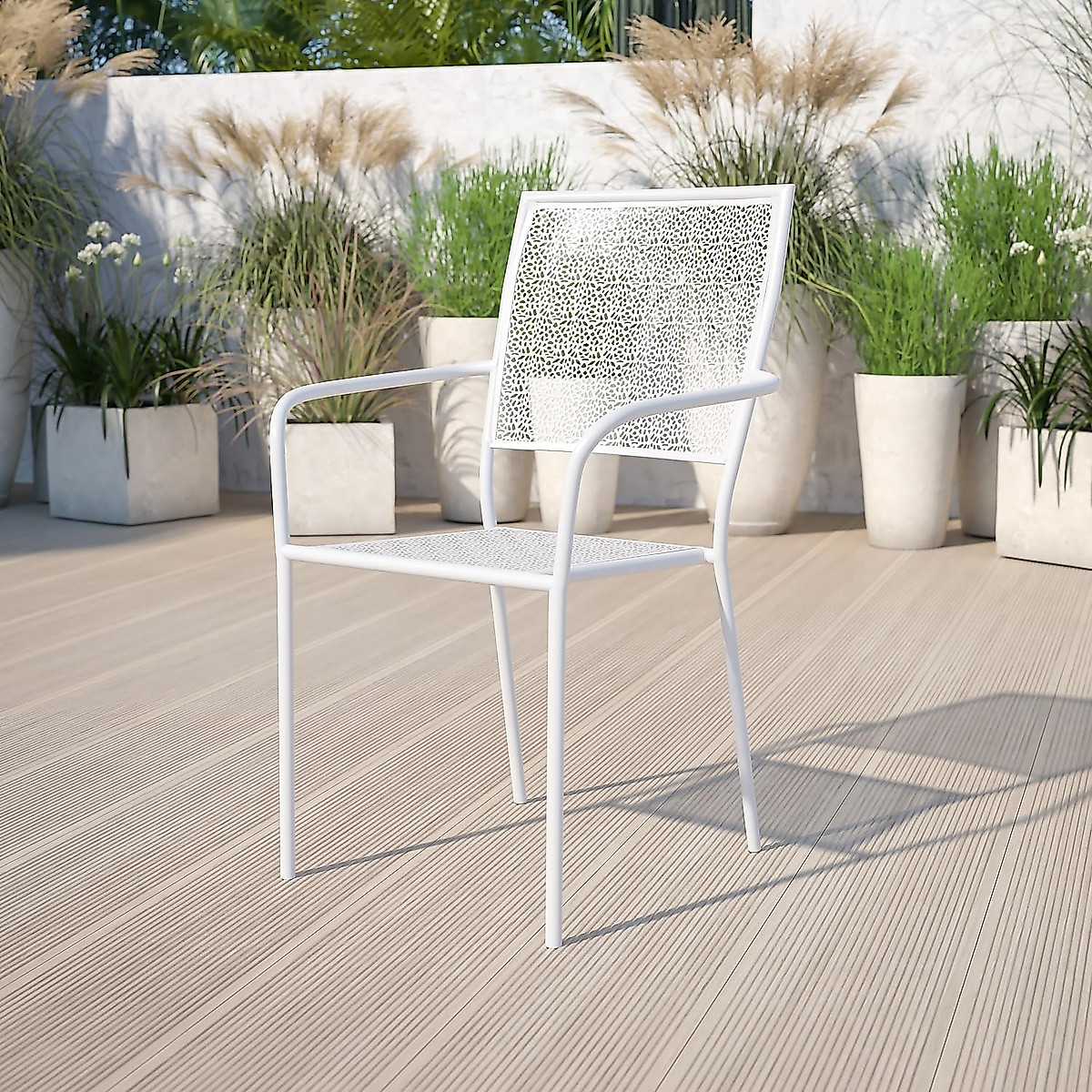 Flash Furniture Commercial Grade White Indoor-Outdoor Steel Patio Arm Chair with Square Back