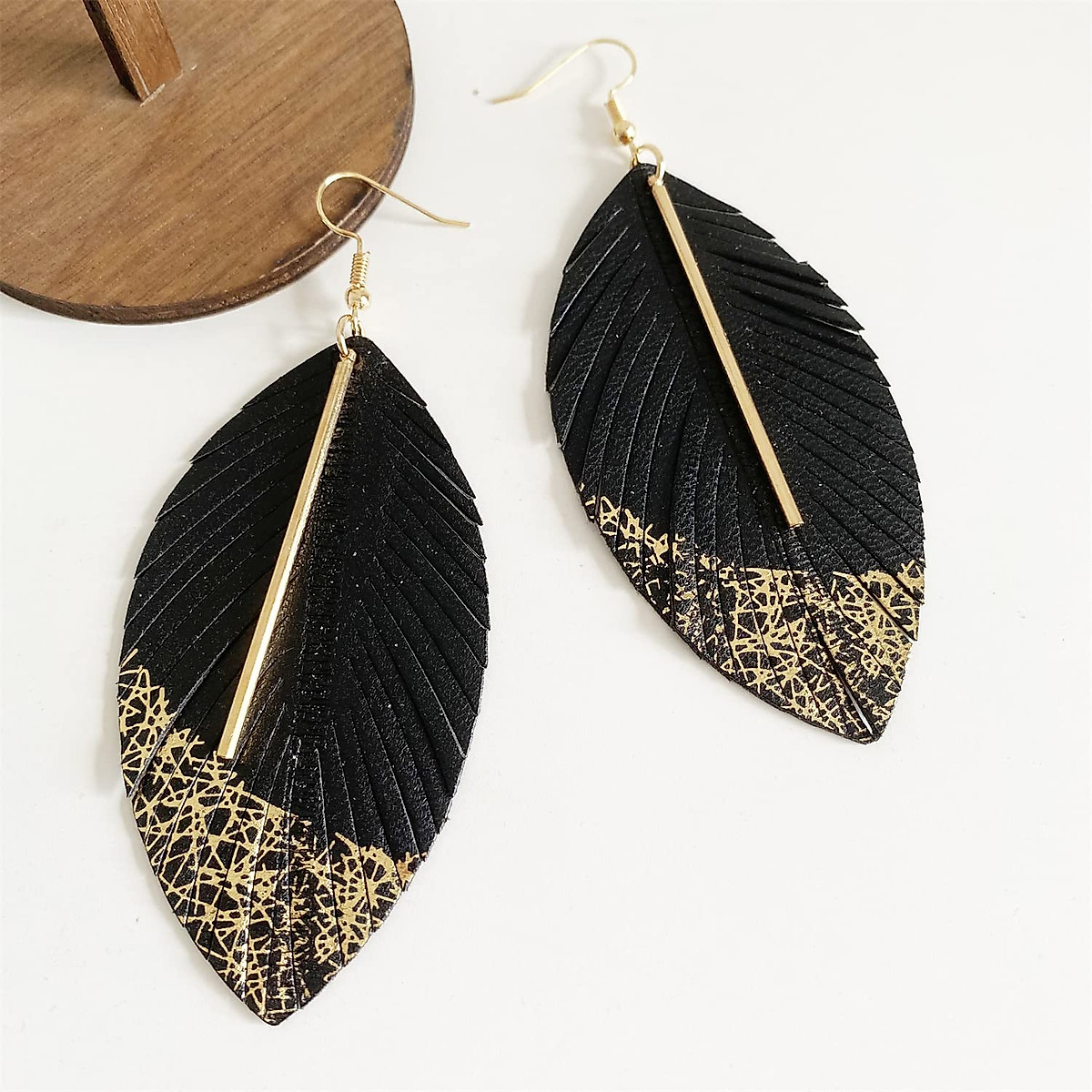 Handmade Bohemian Lightweight Soft Genuine Leather Feather Leaf Dangle Drop Earring Sparkle Real Leather Large Leaf Hook Earrings With Simple Drop Metal Bar for Women Statement Jewelry Gifts (Black Color)