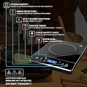 OMEO Portable Induction Cooktop Hot Plate Countertop Burner 1800 Watts Induction Burner with LCD Sensor Touch, LED Display, 10 Temperature Levels, Child Safety Lock, Auto Shutoff Function